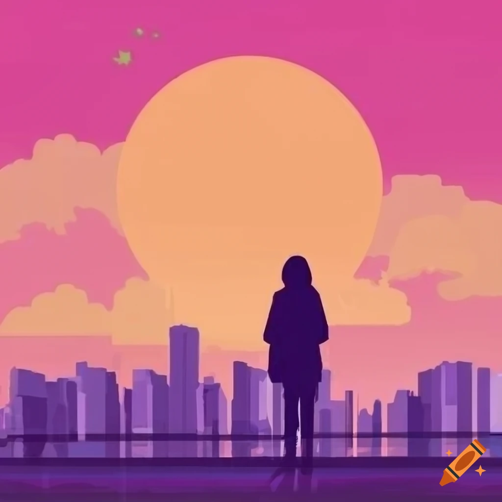 Colorful illustration of a pretty city with a person