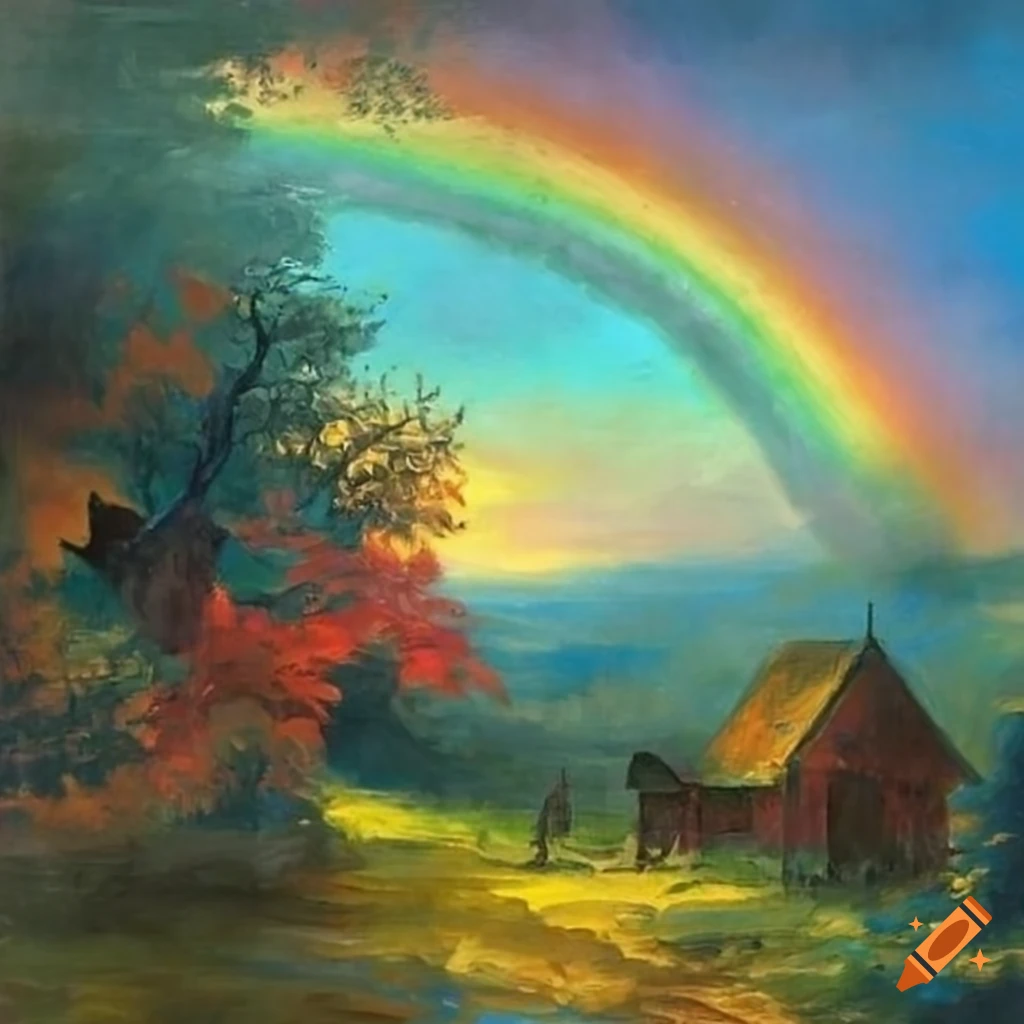 Colorful oil painting of a rainbow over a fictional landscape on Craiyon