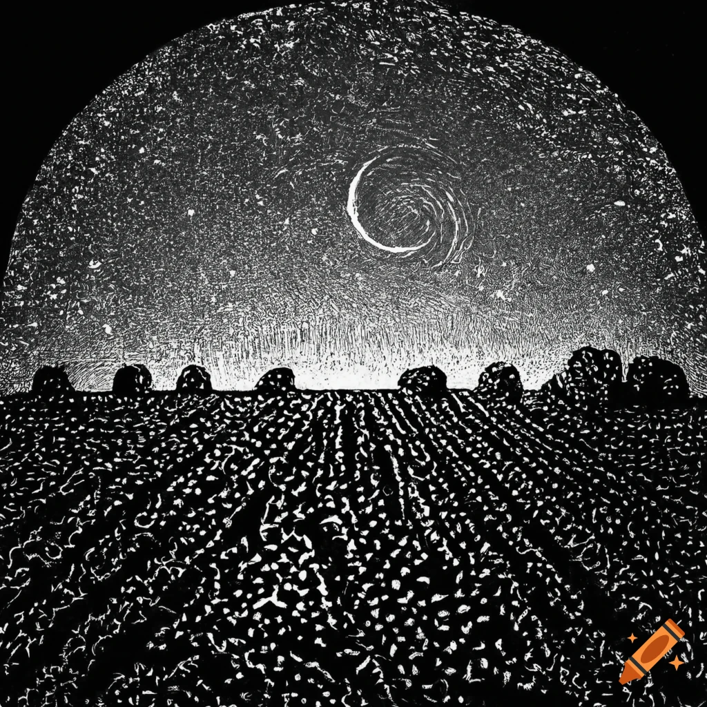 Engraving of a potato field under starry night sky on Craiyon