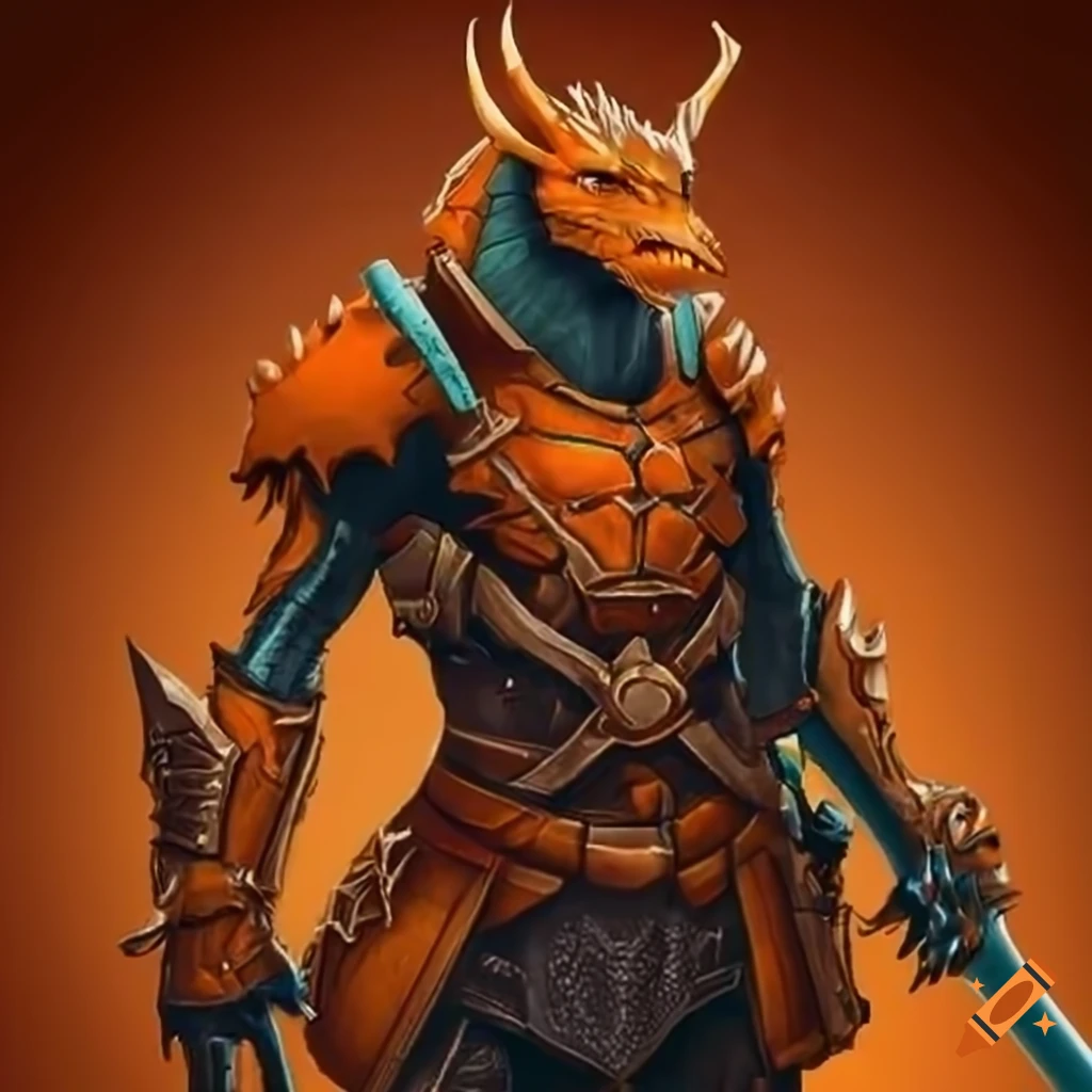 Image of an orange dragonborn in futuristic clothes