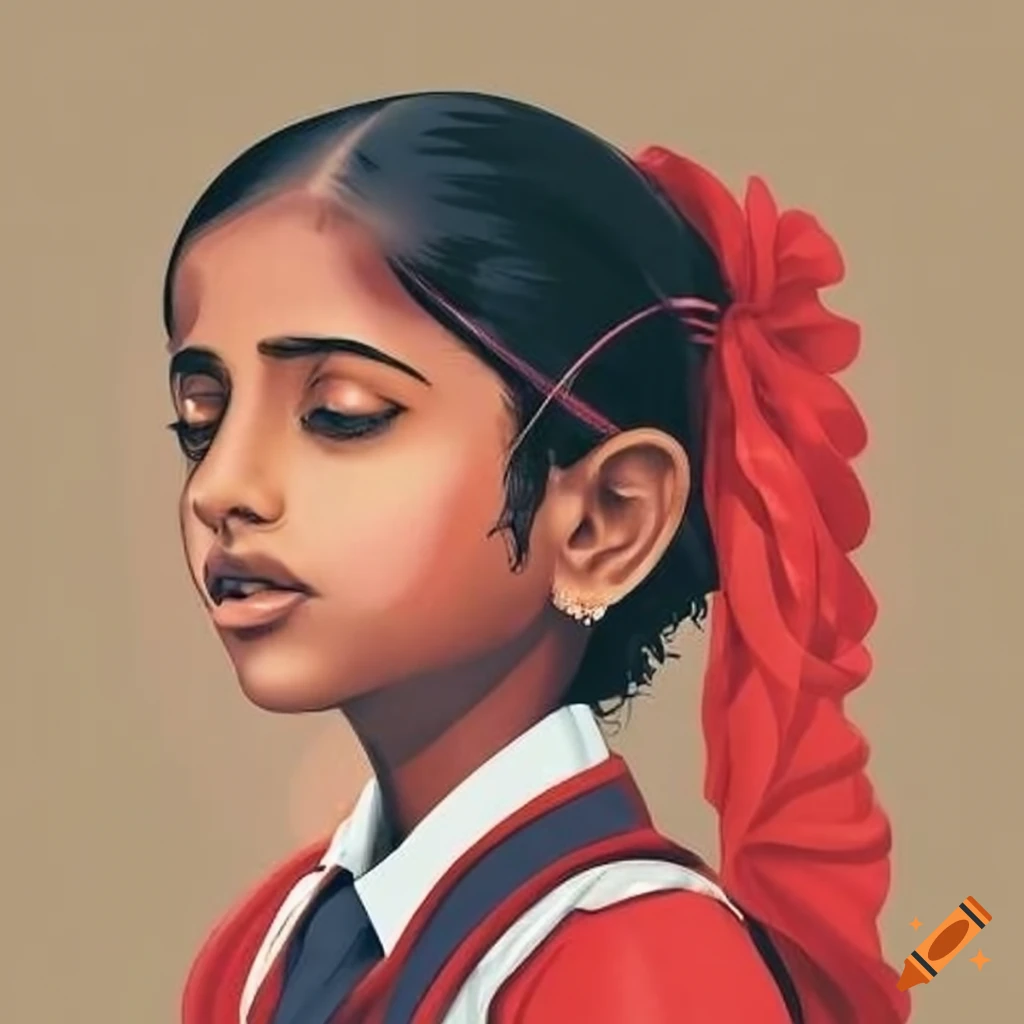 Photo of an Indian school girl with two side ponytails and ribbon on ...