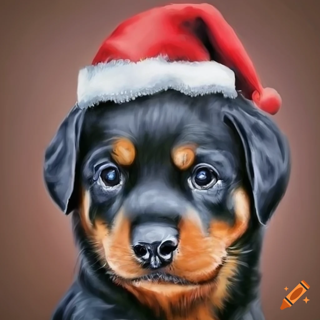 Portrait drawing of a baby rottweiler wearing a santa hat on Craiyon