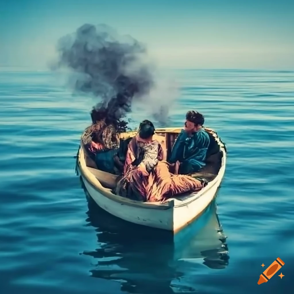 Three men on a boat in a harbor on Craiyon