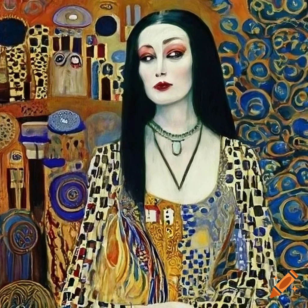 Portrait of morticia addams inspired by gustav klimt on Craiyon