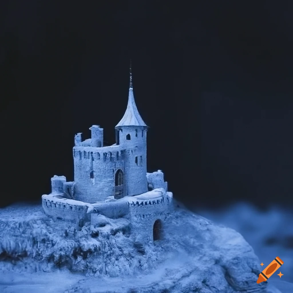 Toy photography of a snow-covered gothic castle in the forest