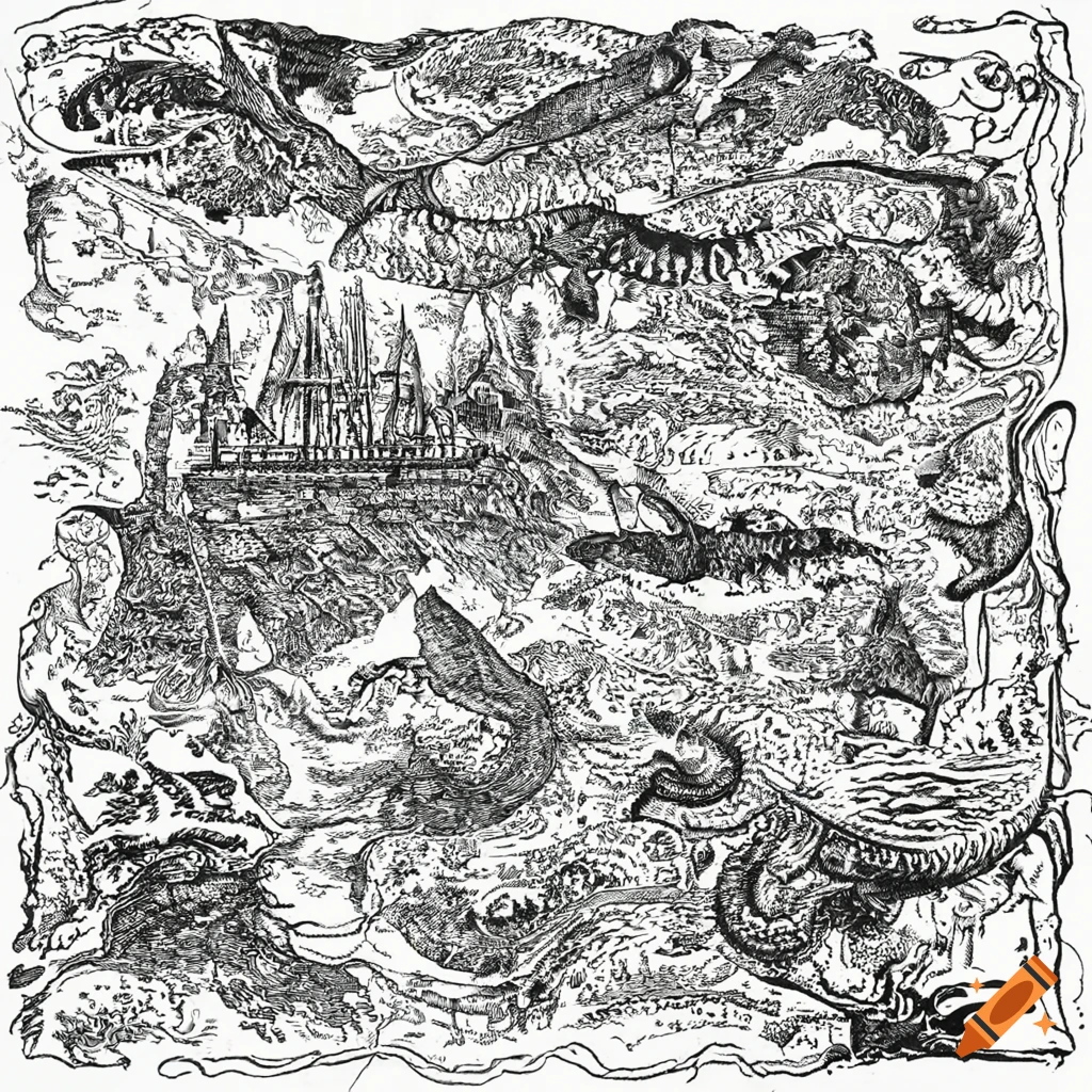 Ancient map of ships battling mythical sea creatures on Craiyon