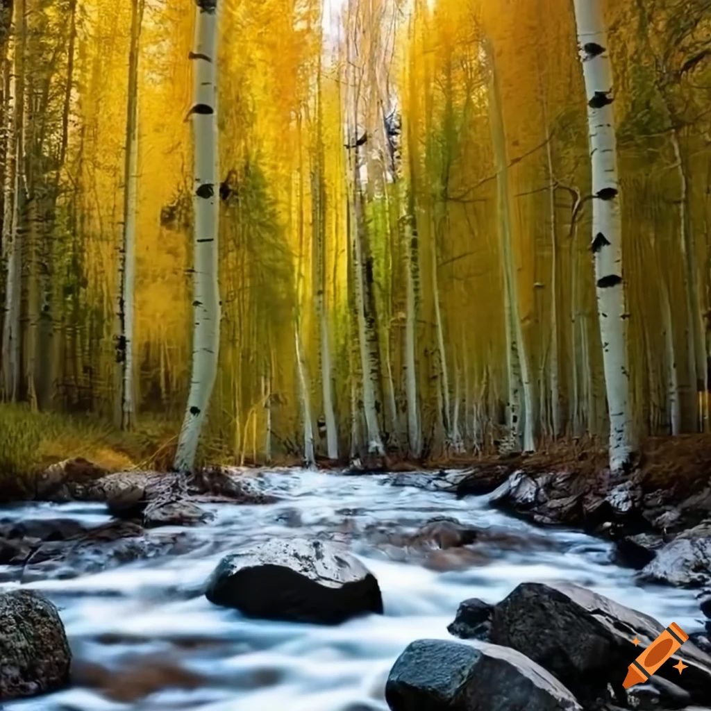 Rocky stream flowing through an aspen forest on Craiyon