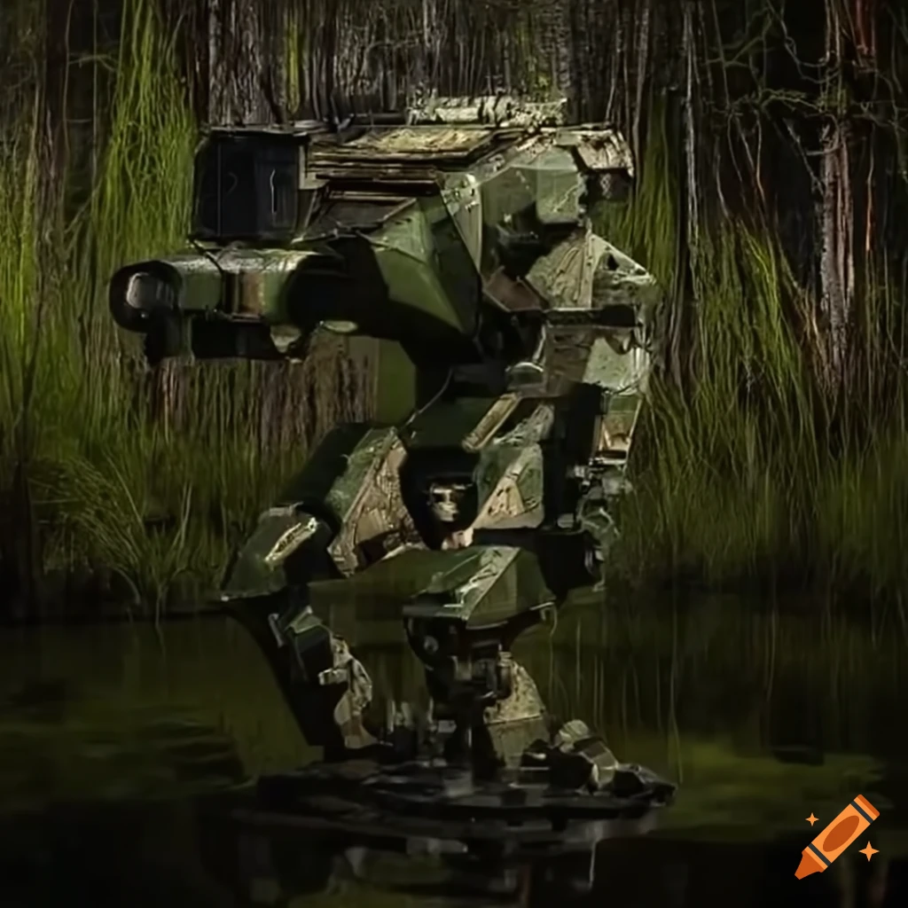 Camouflaged mech in a marsh at night