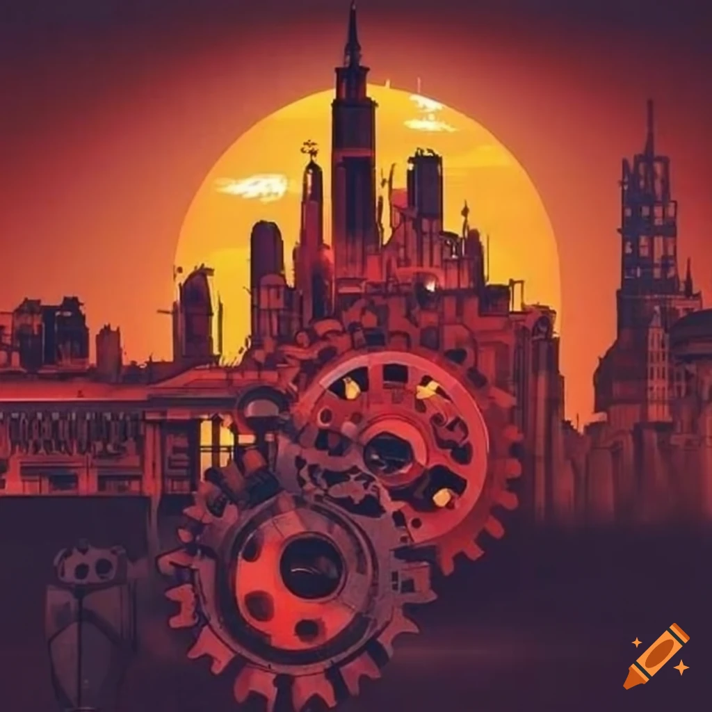 Cityscape with steam-powered gears in red/orange colors