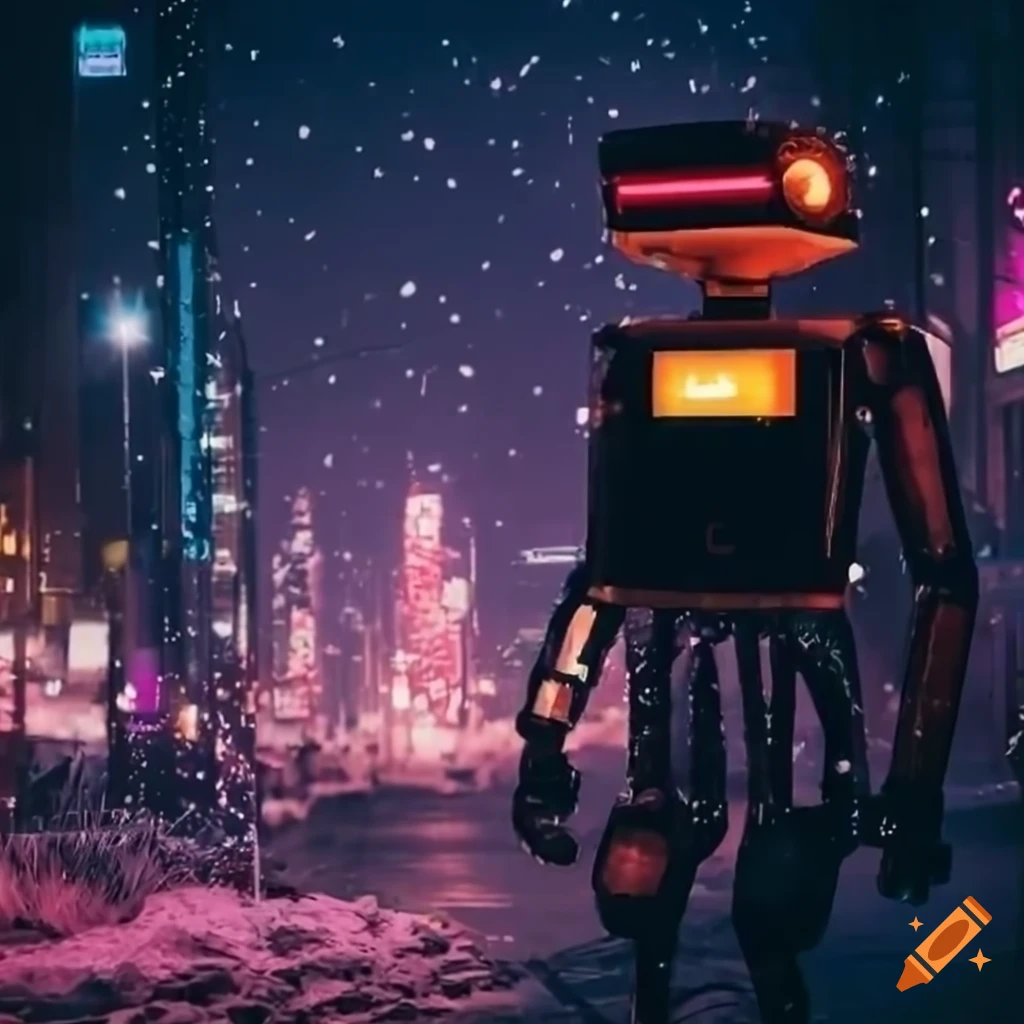 Delivery robot in a snowy cyberpunk city at night on Craiyon