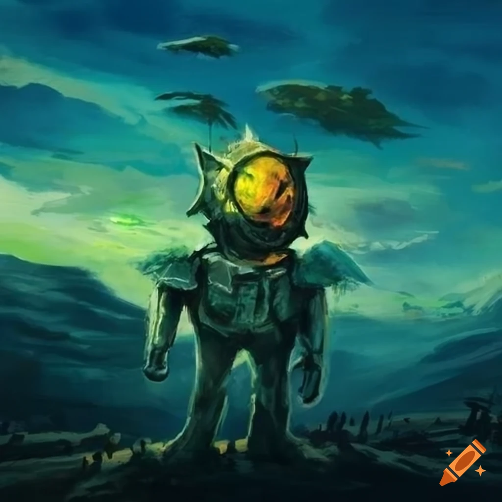 Illustration of a sun-headed man in an apocalyptic setting on Craiyon