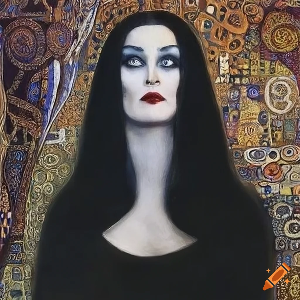 Portrait of morticia addams inspired by gustav klimt on Craiyon