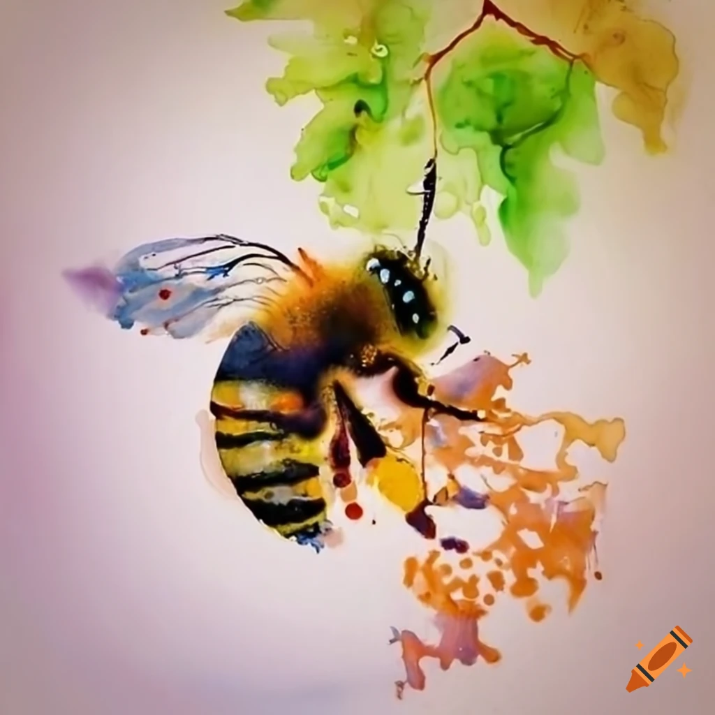 Abstract ink painting of a bee on a grapevine