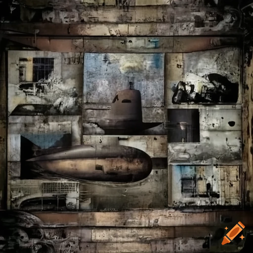 Dadaist collage of submarines in abandoned factory on Craiyon