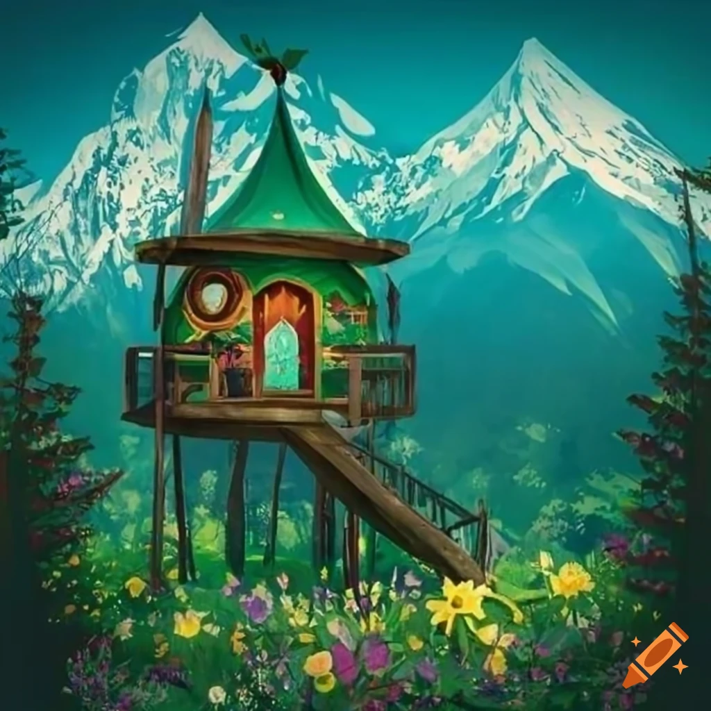 Whimsical treehouse in a green forest with mountains in the background ...