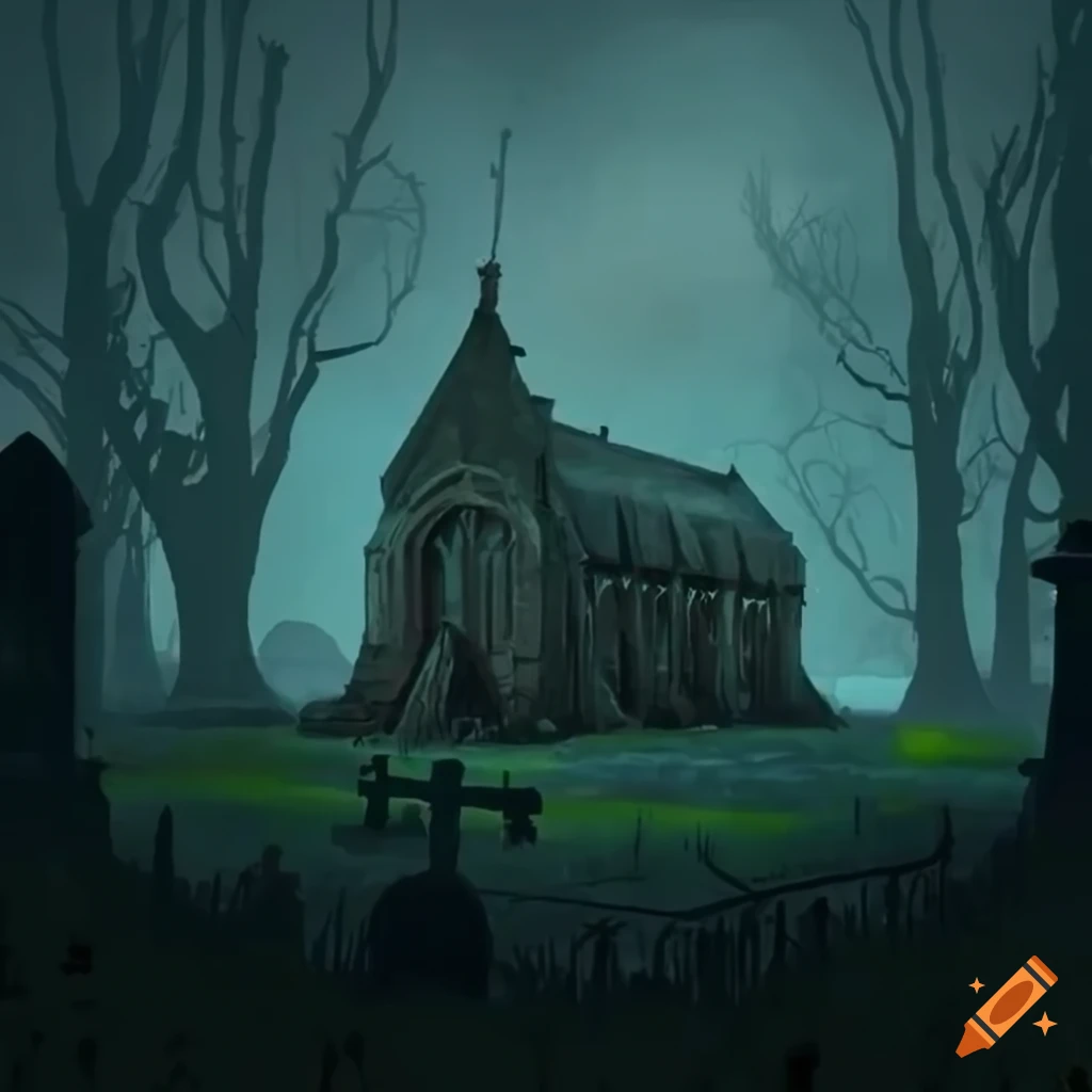 Game art of a desolate graveyard with ruined chapel and crypt on Craiyon