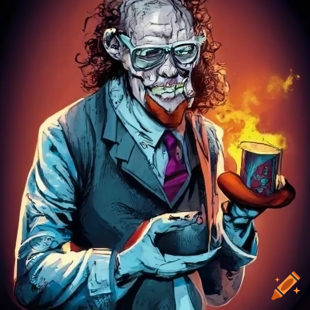 Comic-style illustration of a scientist holding a beaker of black powder