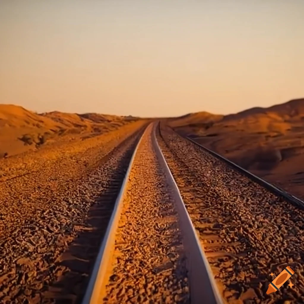 Rail tracks winding through the desert on Craiyon