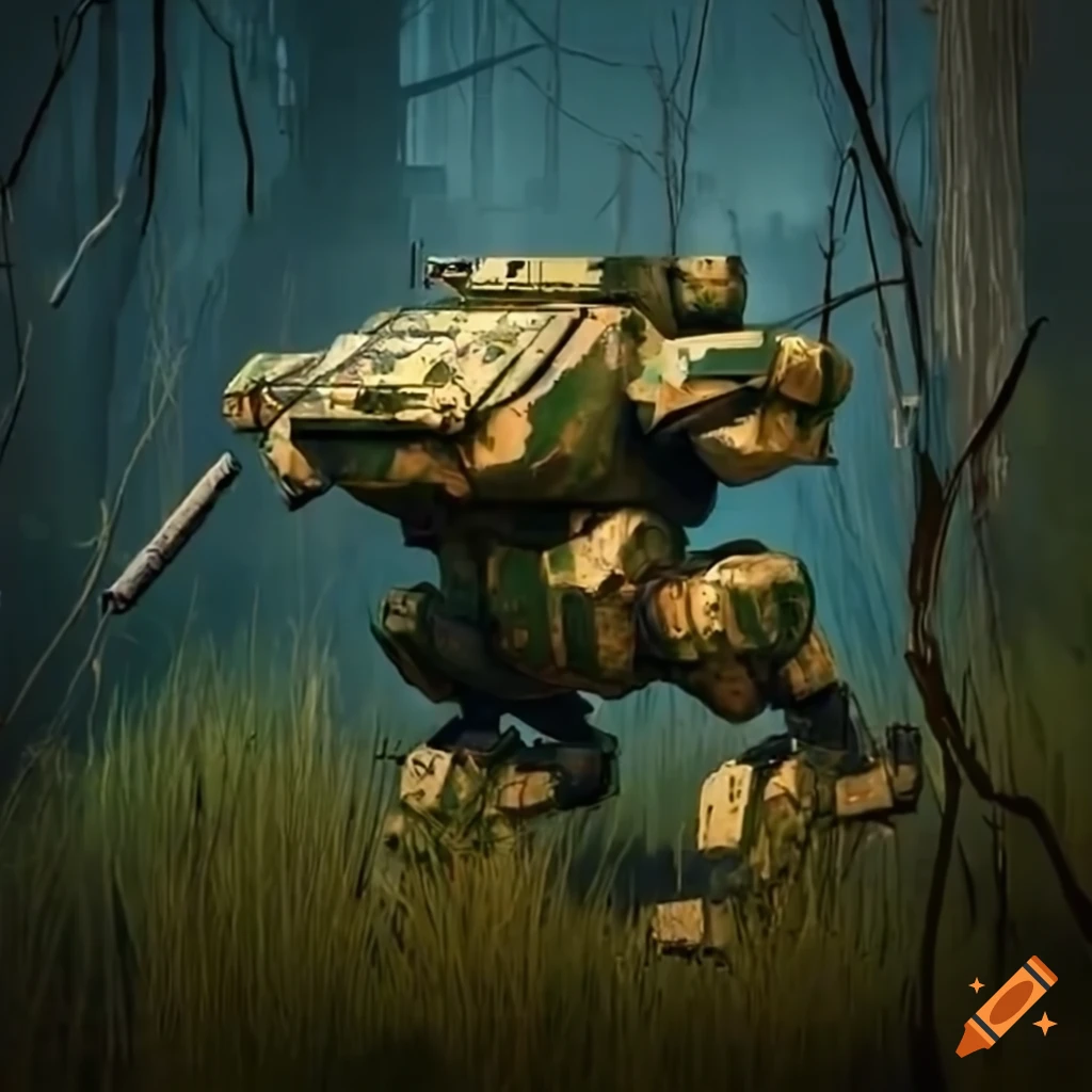 Image of a camouflaged mech scanning swamp at night on Craiyon