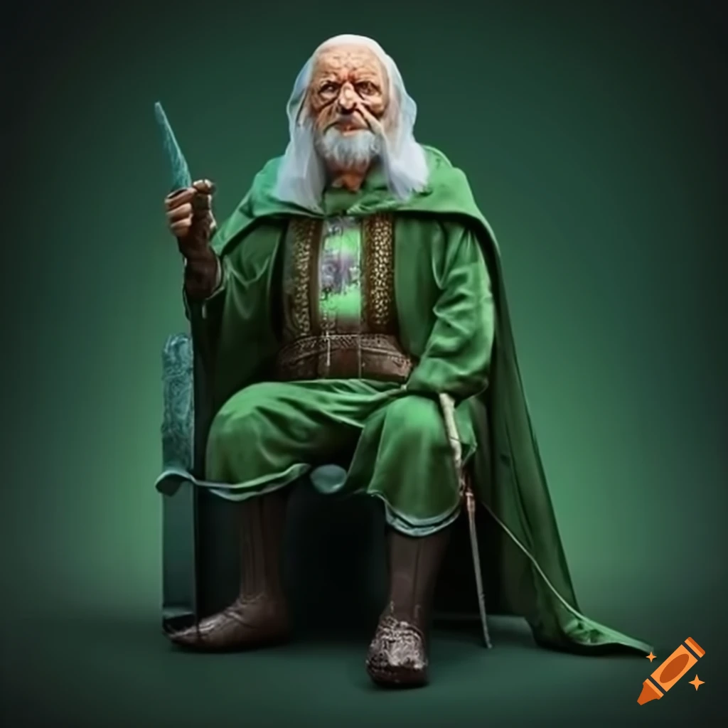 Portrait of an old cleric sitting in a green cloak