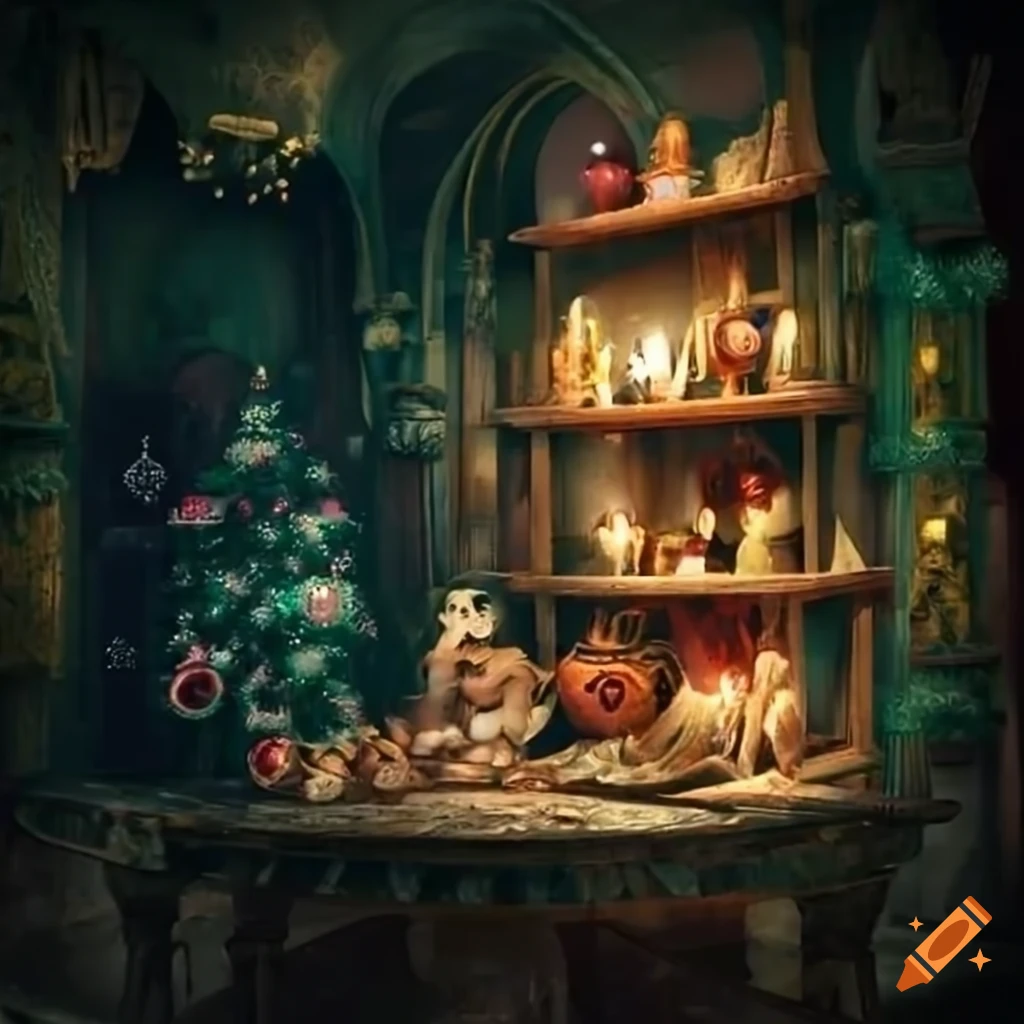 Enchanted Christmas shop interior with treasures on Craiyon