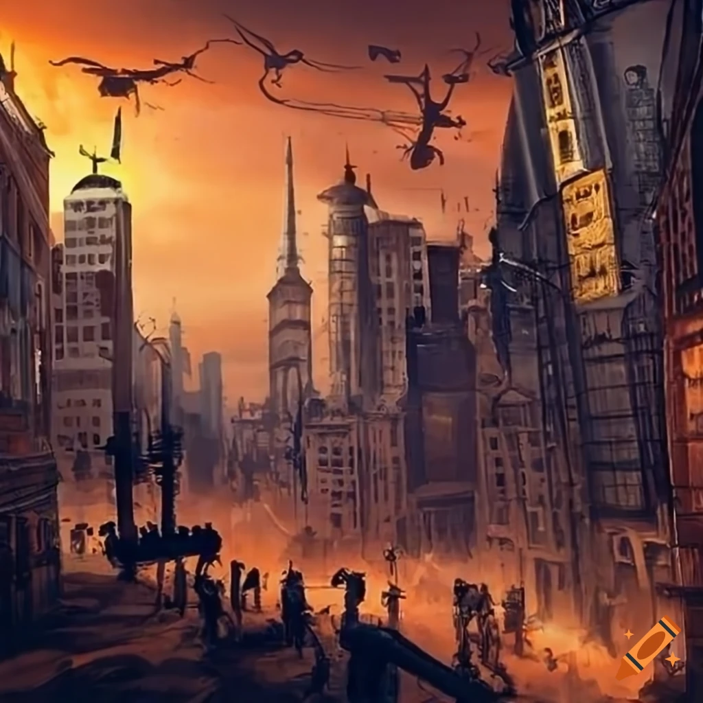 Boy riding giant ant in a detailed cityscape in a fantasy art on Craiyon