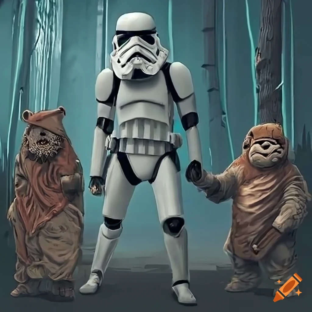 Stormtrooper surrounded by ewoks on endor on Craiyon