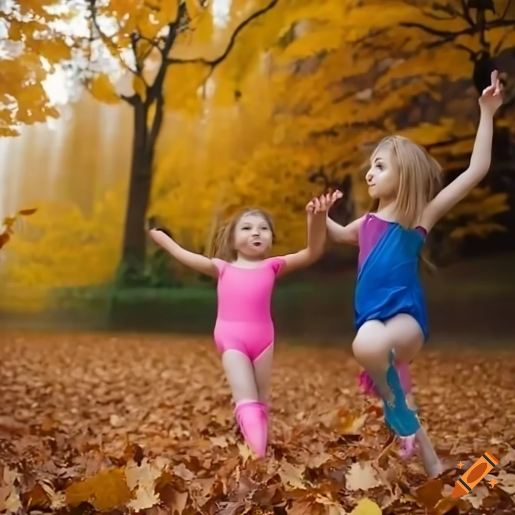 Two young girls dancing in autumn leaves on Craiyon