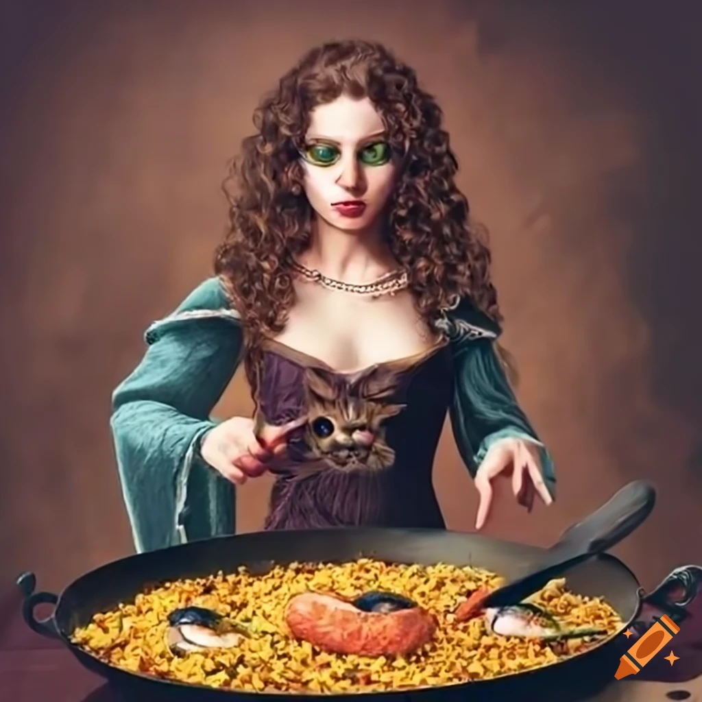 Woman cooking paella with magical cats