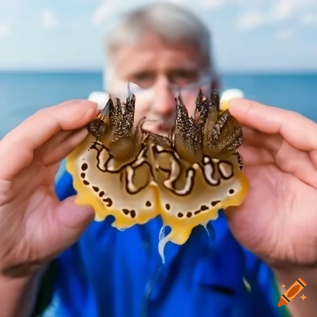 Biologist holding a sea slug in his hands on Craiyon