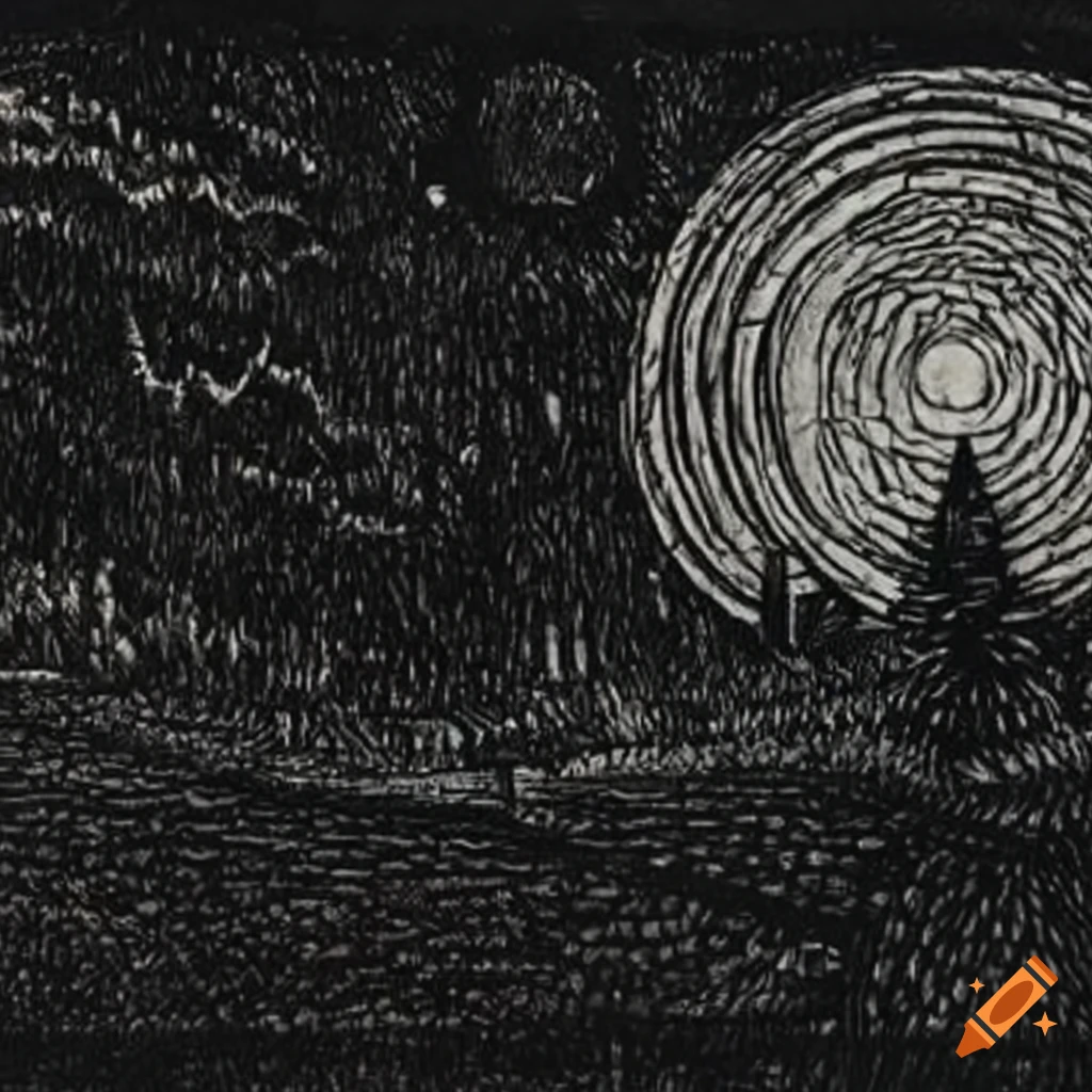 Medieval etching of a field under starry night sky on Craiyon