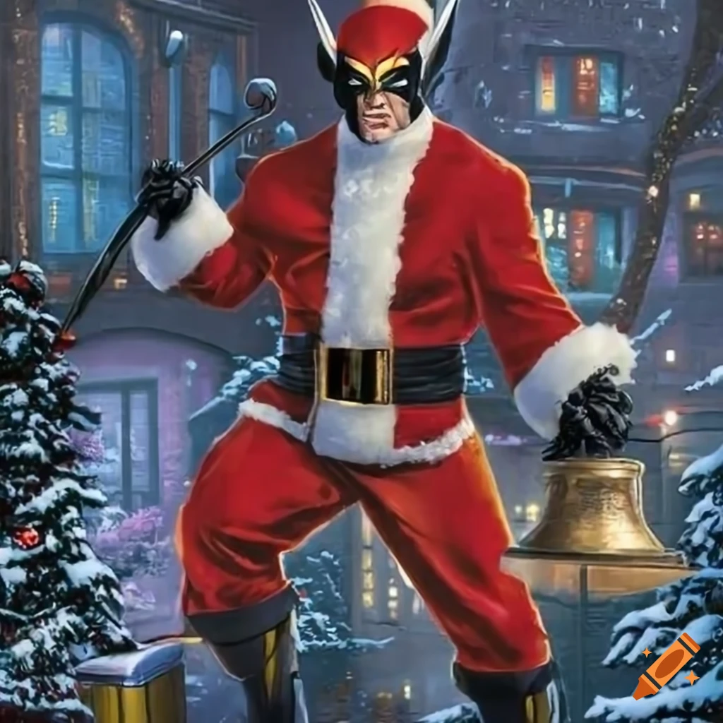 Wolverine dressed as santa ringing a bell for charity