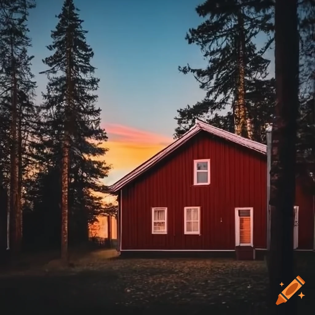 Sunset view of a swedish red house in a pine tree forest