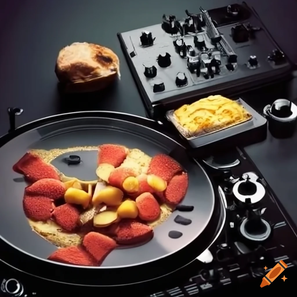 Breakfast foods on a dj turntable on Craiyon