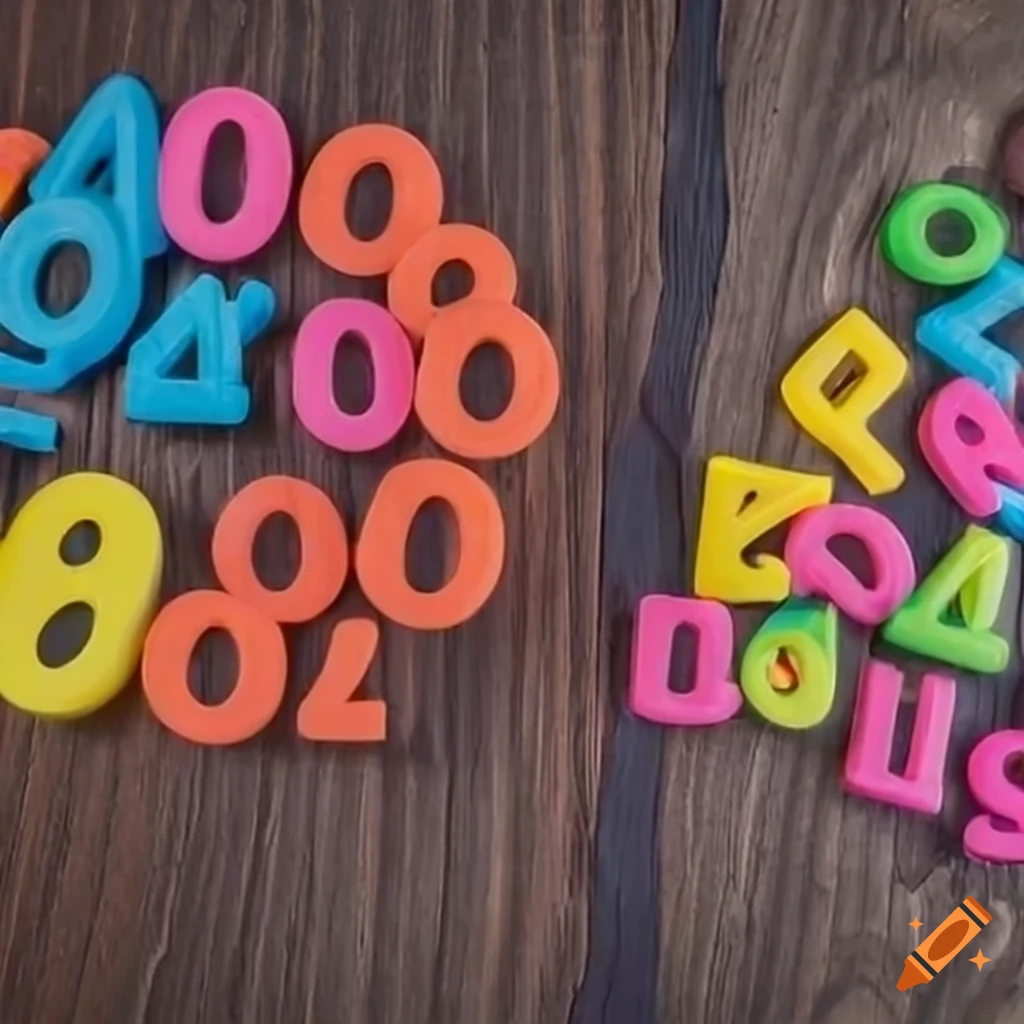 Arrangement of colorful plastic numbers on wooden table on Craiyon