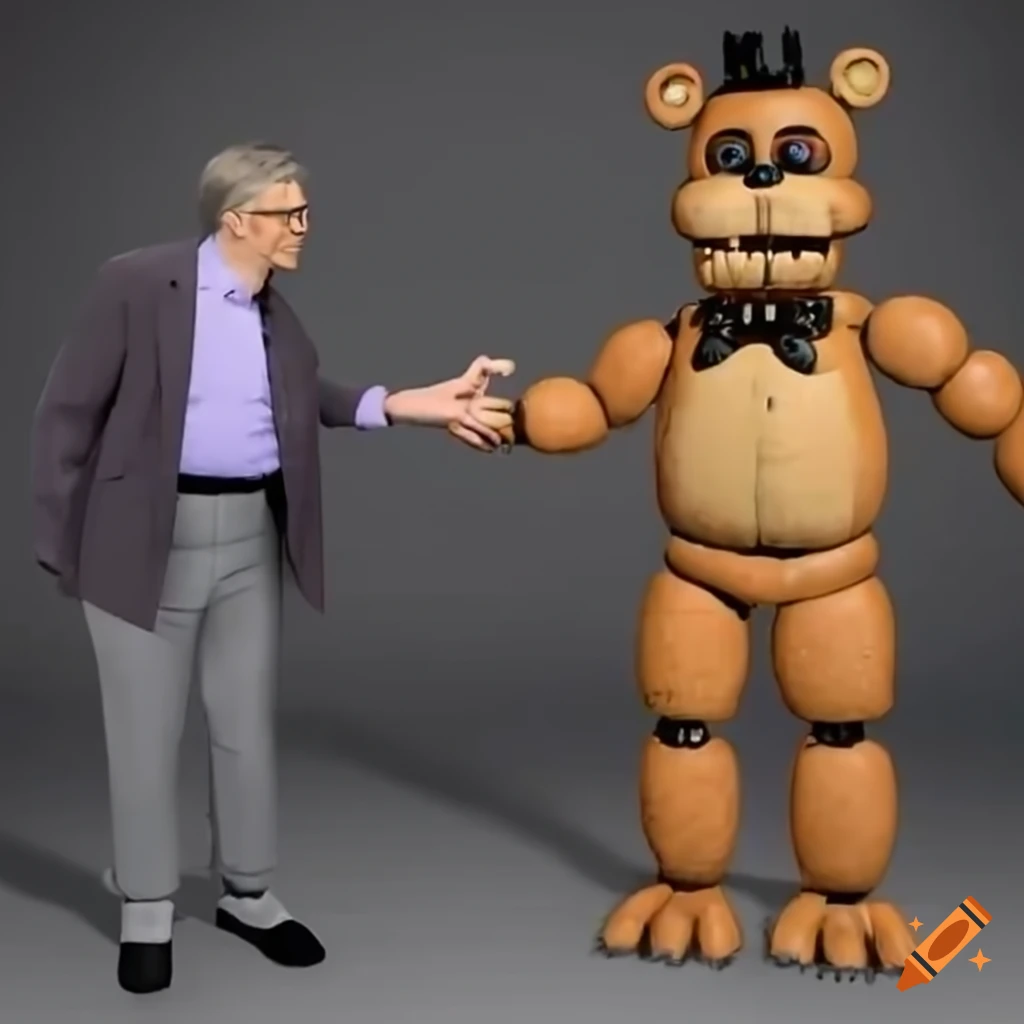 Realistic image of Freddy Fazbear shaking hands with Bill Gates on Craiyon
