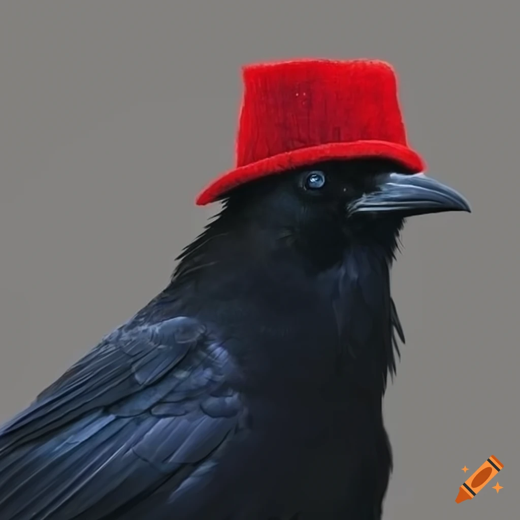 Side view of a crow wearing a red hat