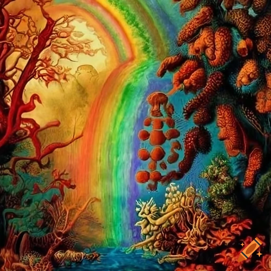 Acid trippy mountain landscape with hawks in a surrealistic science ...