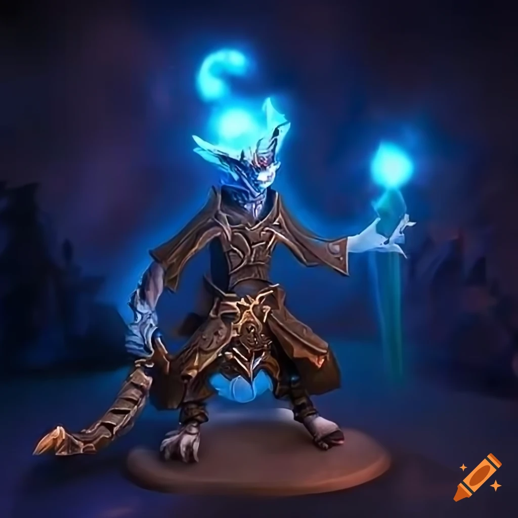 Digital art of a male blue kobold warlock with glowing golden eyes