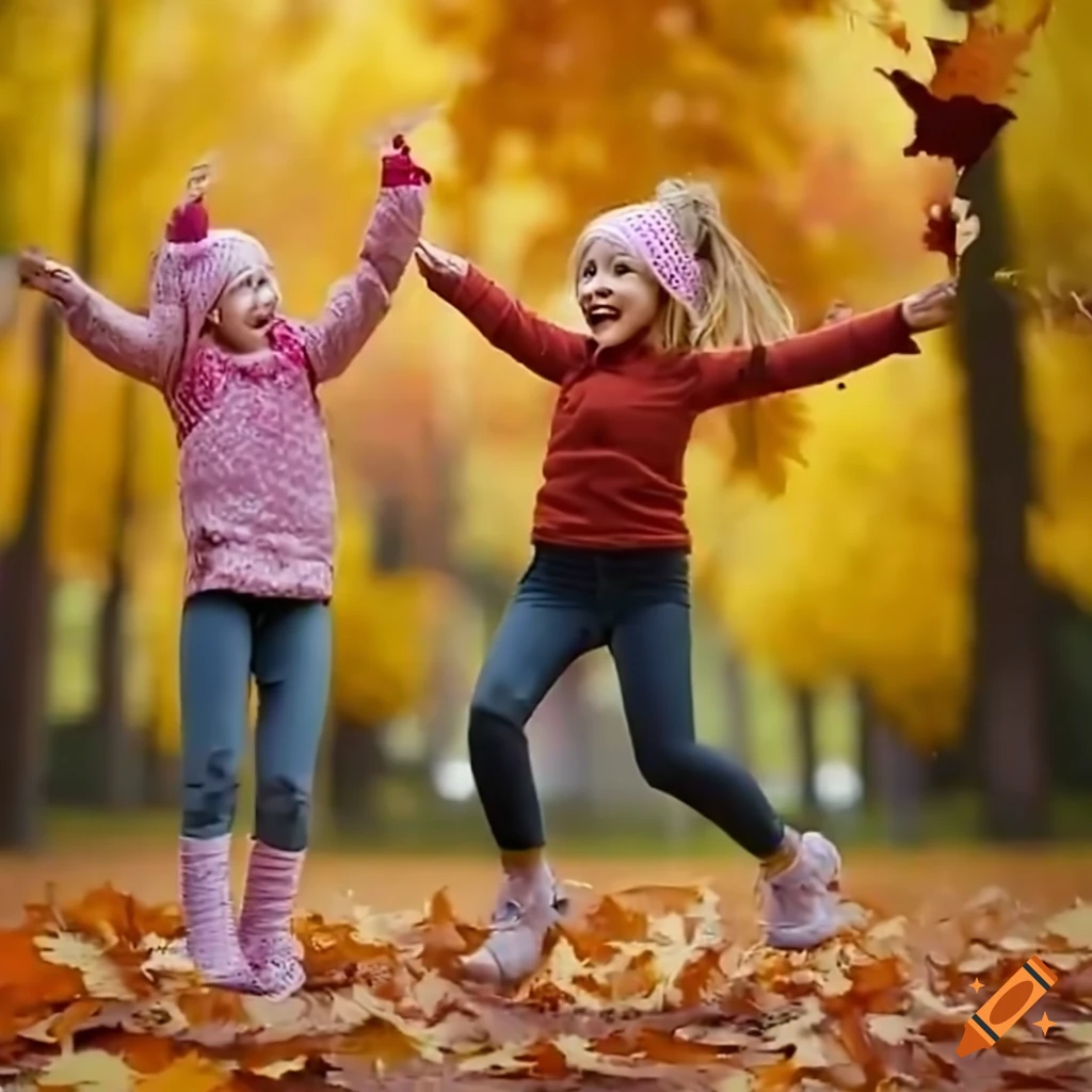 Girls having fun and throwing leaves in the air on Craiyon