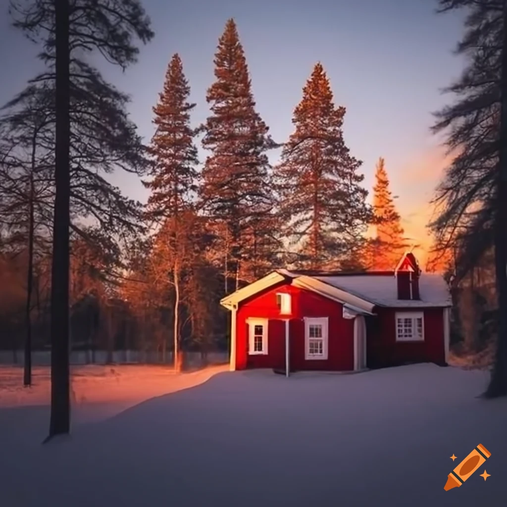 Sunset view of a swedish red house in a pine tree forest on Craiyon