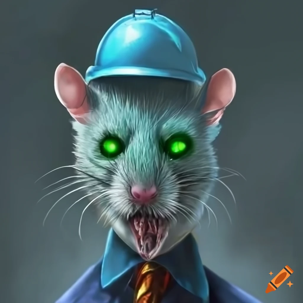 Cute undead rat with blue fur, hardhat, and trenchcoat holding a coffee ...