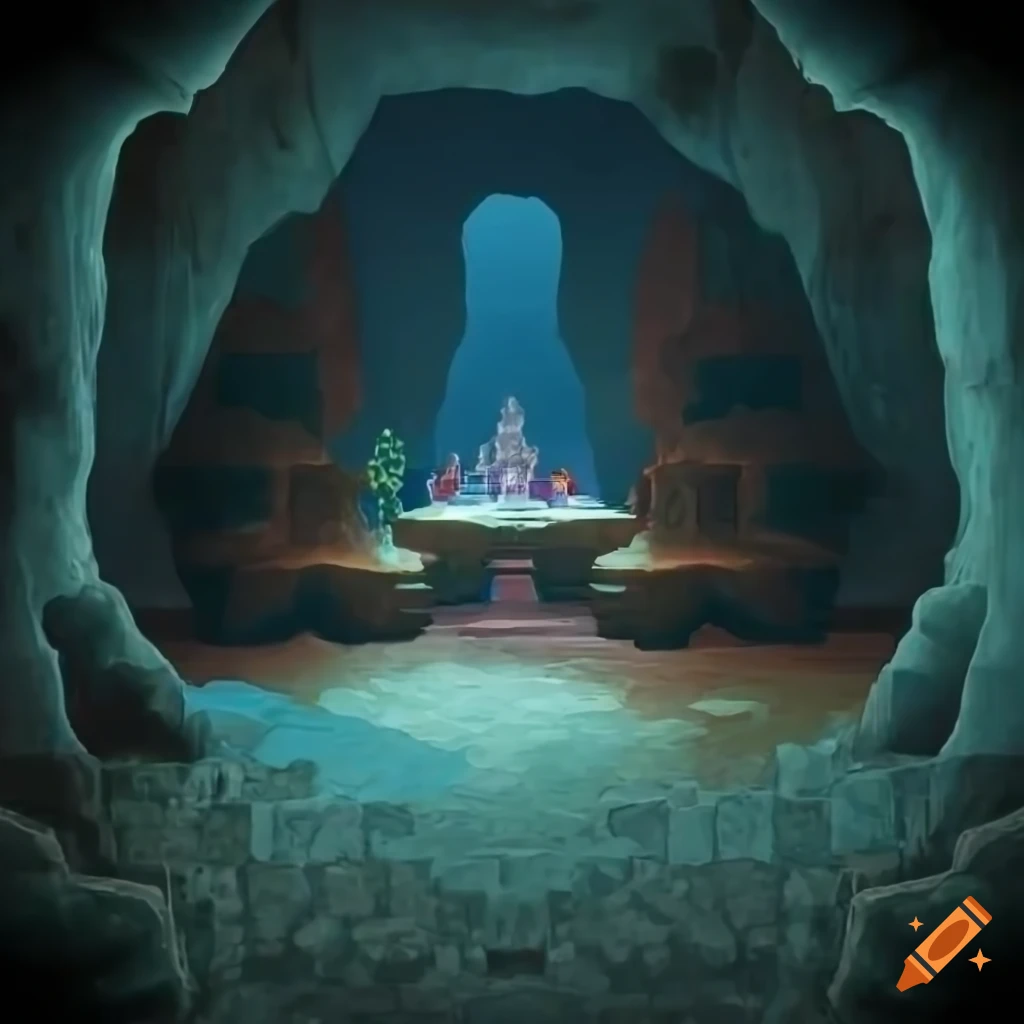 Image of a majestic cave with crystal center and stone benches on Craiyon