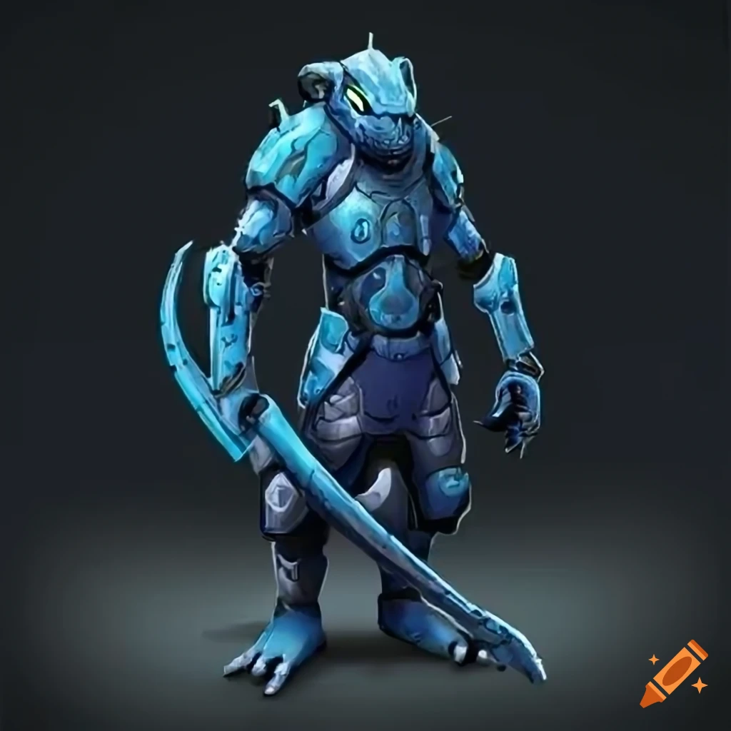 Noble lizard man in futuristic armor with a golden laser polearm on Craiyon