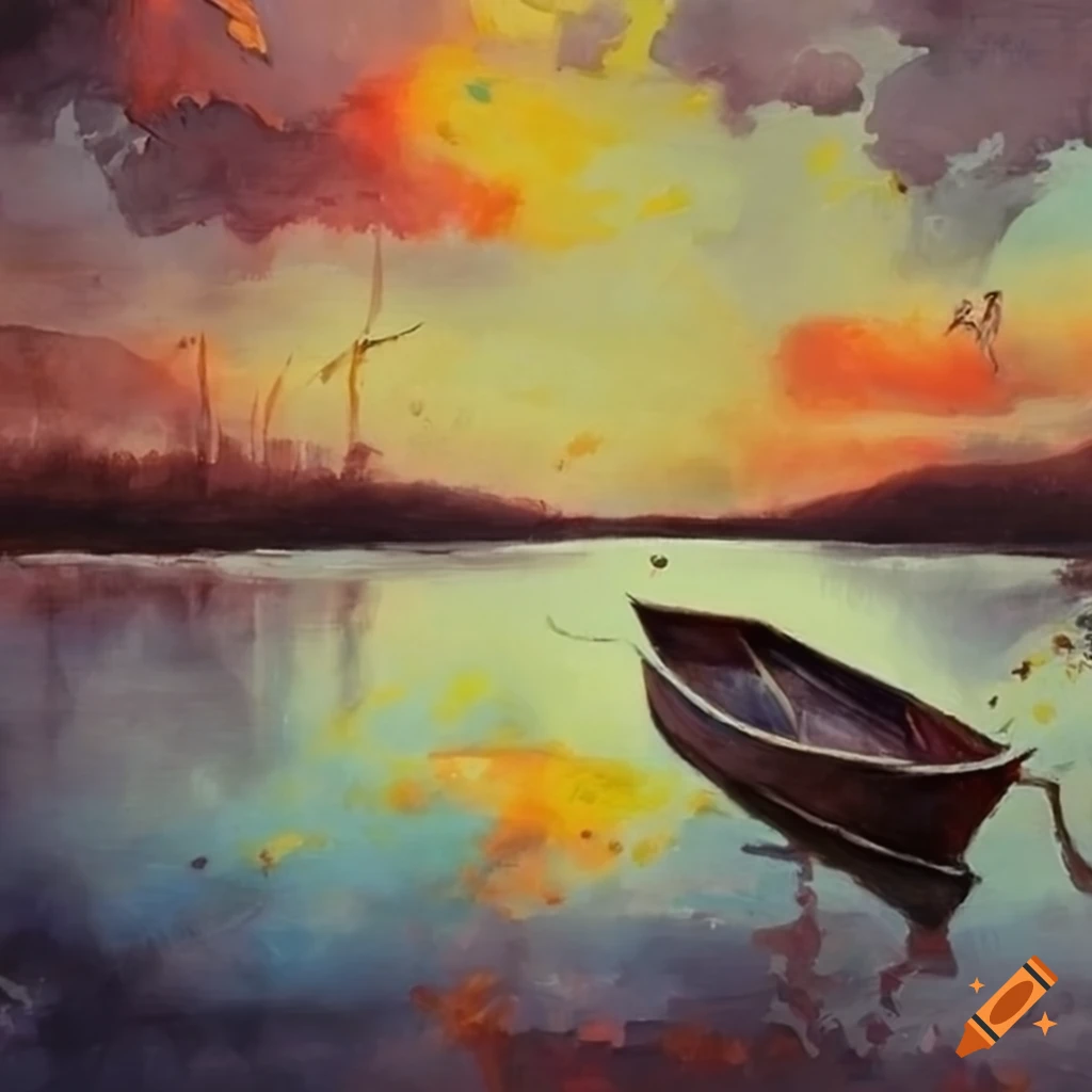 Painting of a boat in river at sunset with shadows of a couple on Craiyon