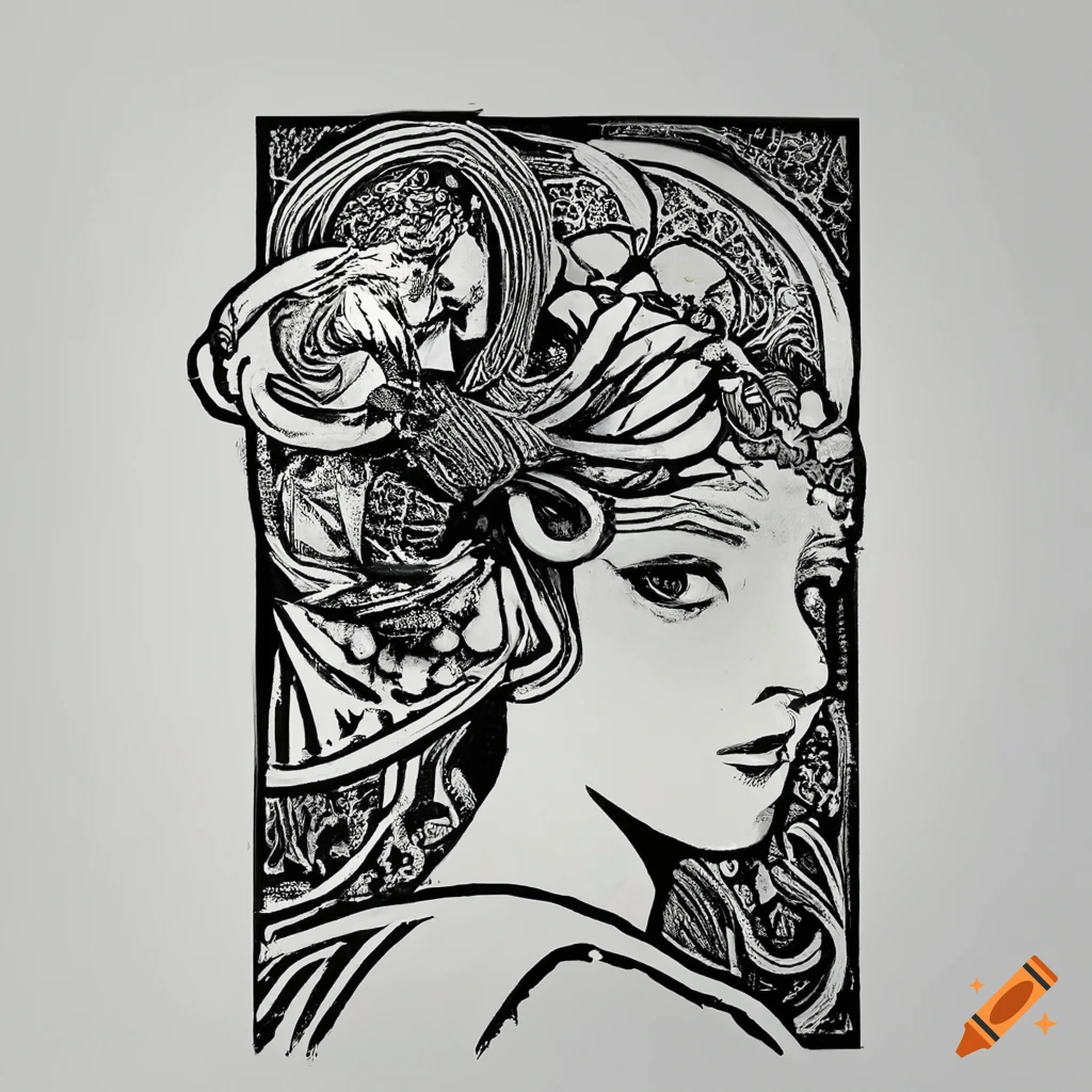 Linocut style artwork inspired by mucha on Craiyon