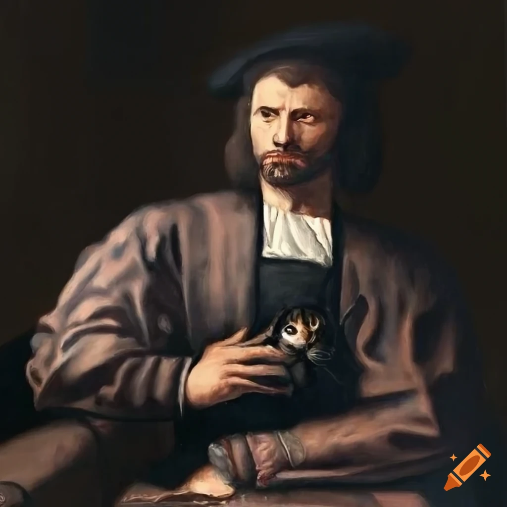 Renaissance painting of a man surrounded by cats on Craiyon