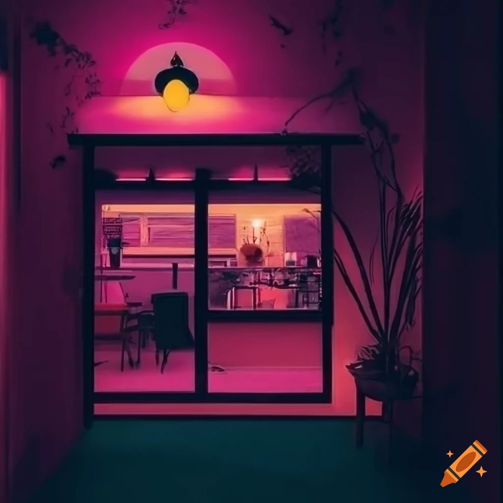 Vaporwave-inspired cafe/bar with plants on Craiyon