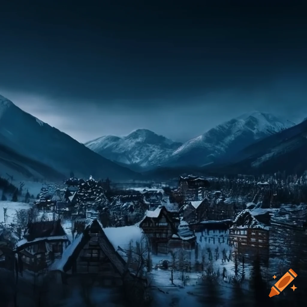 Snow-covered mountains and small town panorama on Craiyon