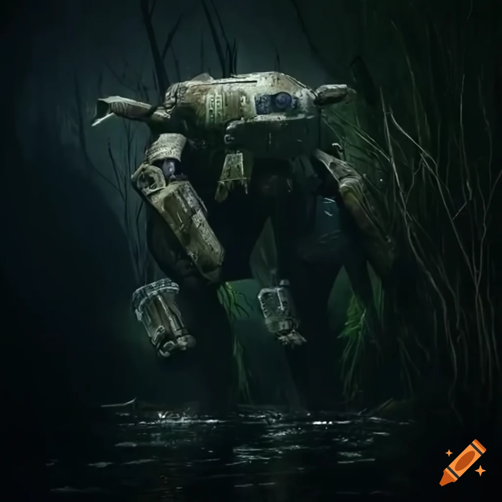 Mech robot dinosaur walking through the ocean creating clouds on Craiyon